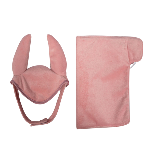 Saddle pad and hood for hobby horses in rose velvet